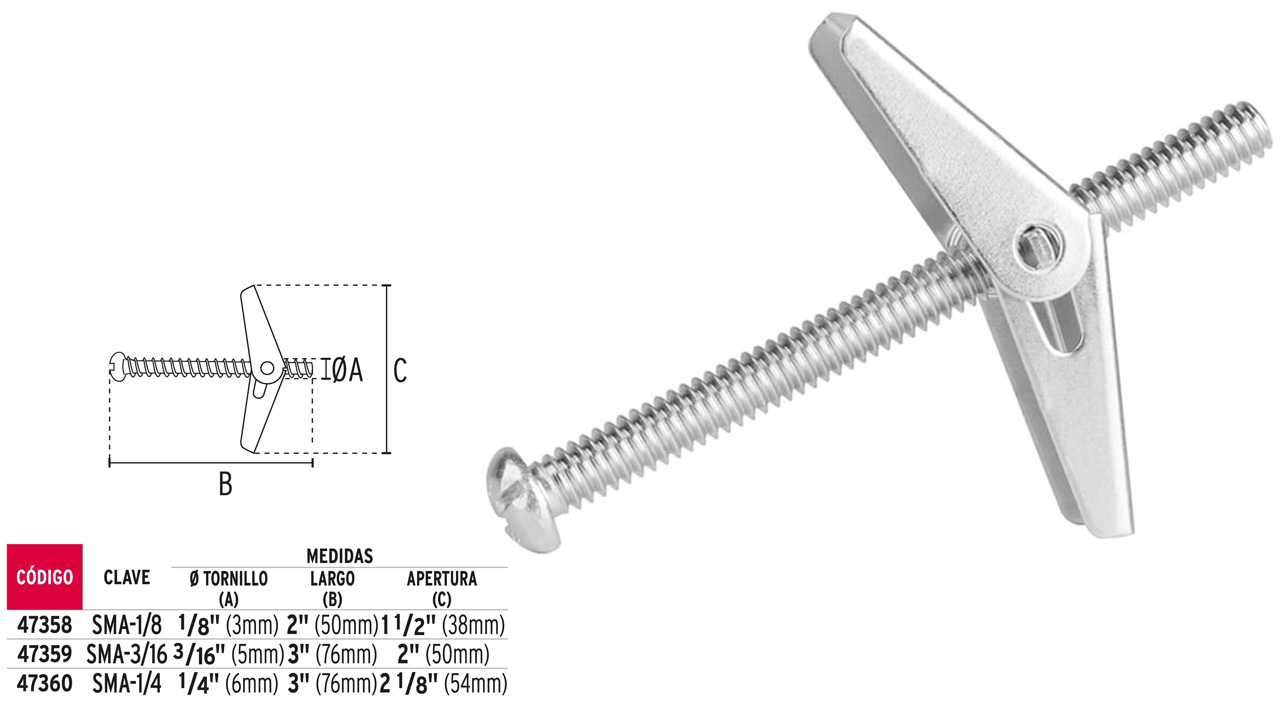 Insumo » Tornillo mariposa 3/16 X 3" p/tablaroca